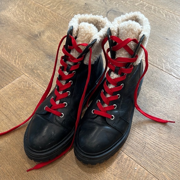 Bloomingdale's | Shoes | Black Lace Up Boots Red Laces Sherpa Detailing ...